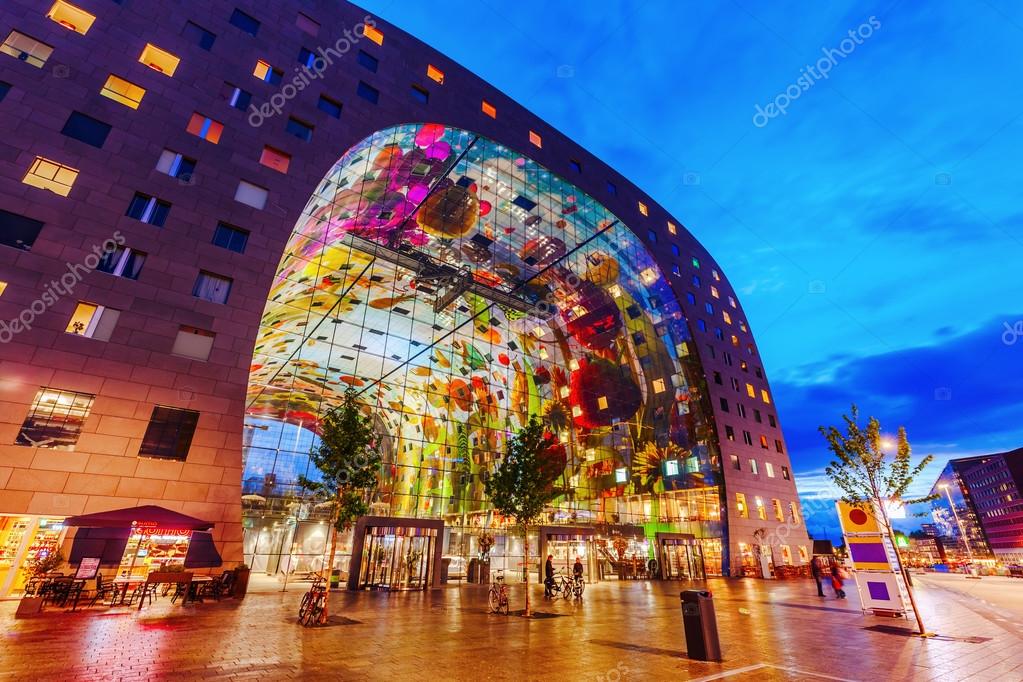 Modern market hall in Rotterdam, Netherlands, at night – Stock ...