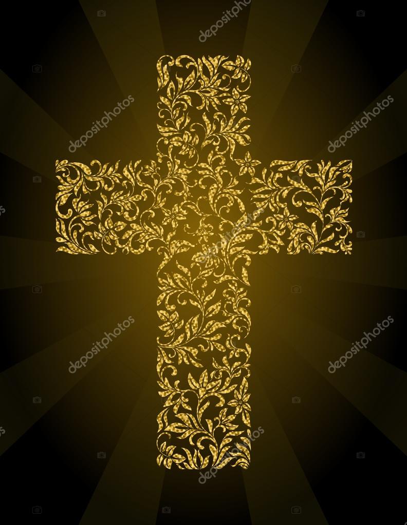 Cruz Cristiana de un ornamento floral con brillo dorado Vector de stock ...