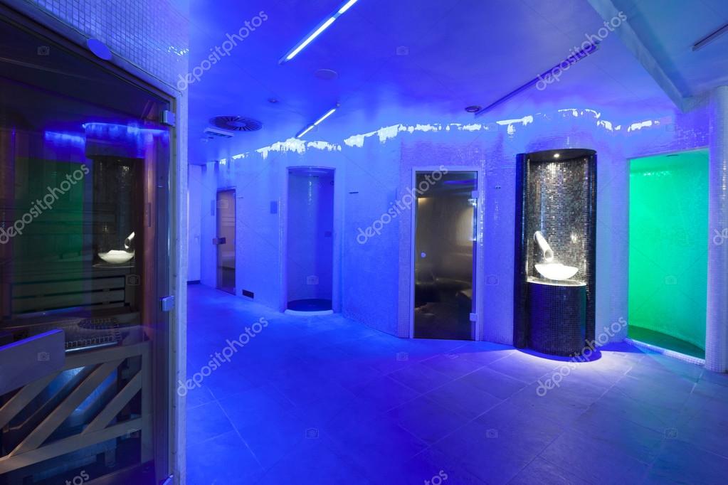 Interior of spa center with neon blue lights Stock Photo by ©rilueda ...