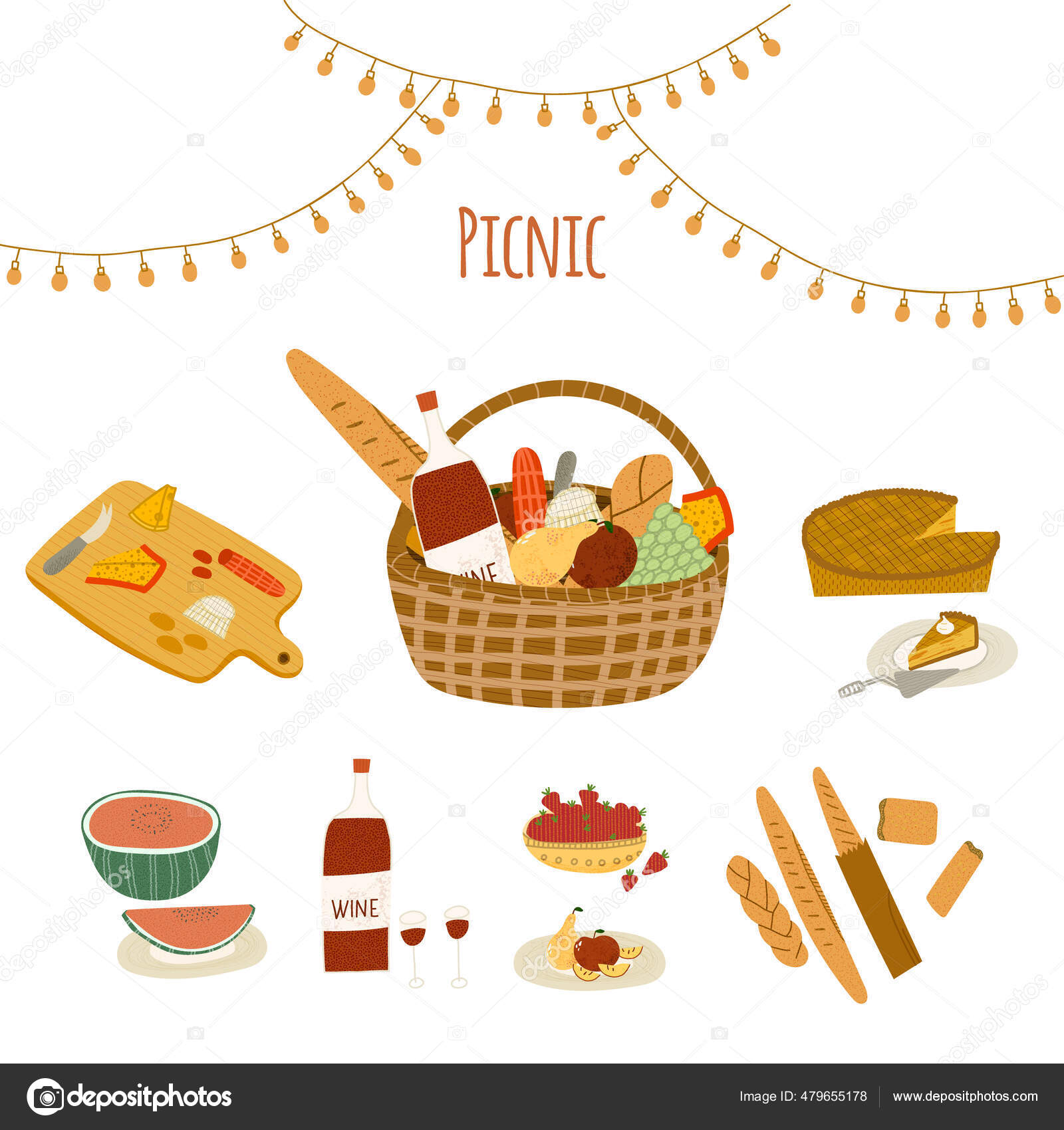 Hand drawn stylized vector illustration of picnic party essentials basket, picnic table, snacks ...