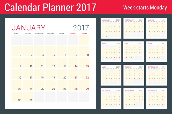 Calendar Planner for 2017 Year. Vector Flat Design Template. 12 Months ...