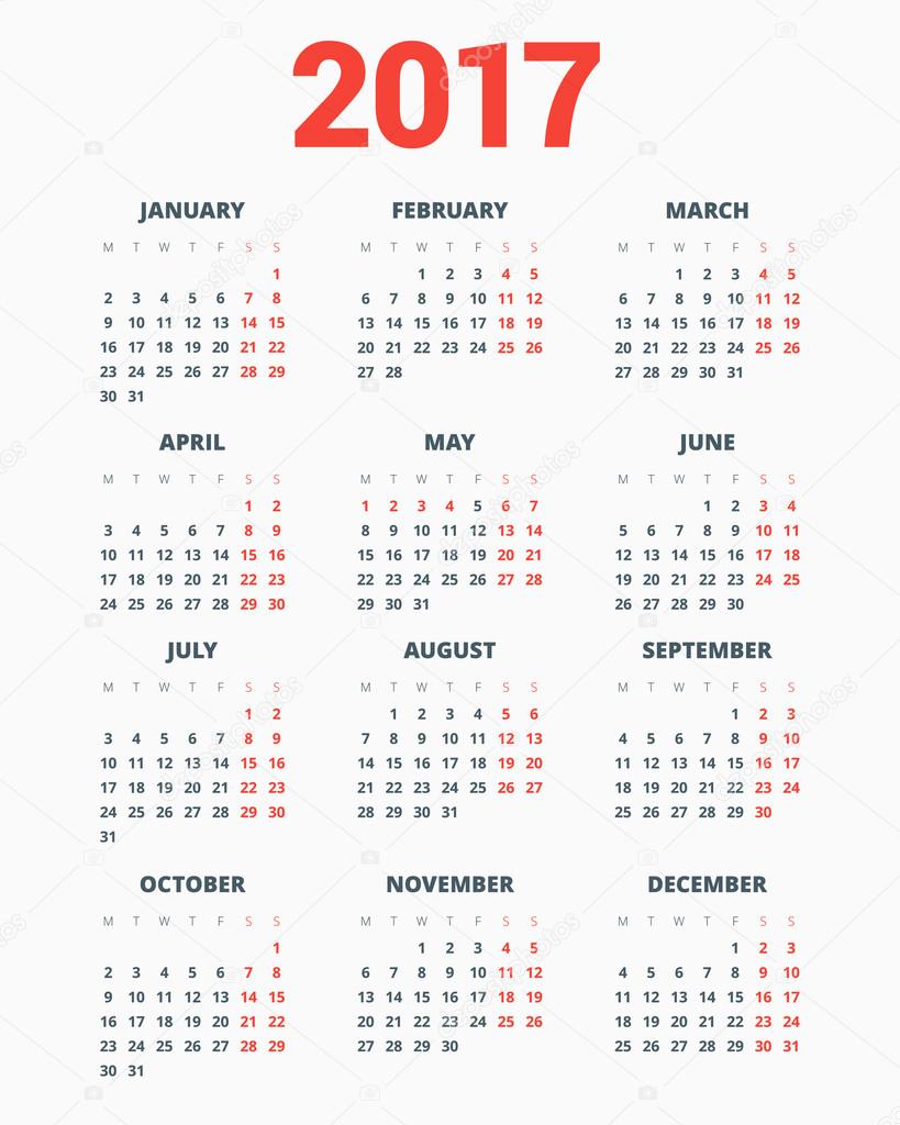 Calendar for 2017 Year on White Background. Week Starts Monday. Simple ...