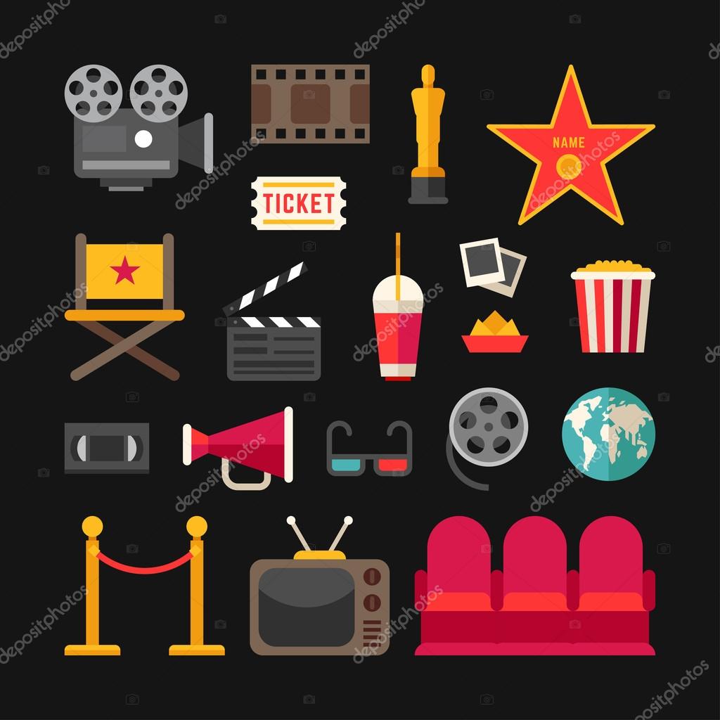 Cinema Concept. Cinema Industry Symbols. Set of Flat Style Vector Icons and Illustrations. Movie ...