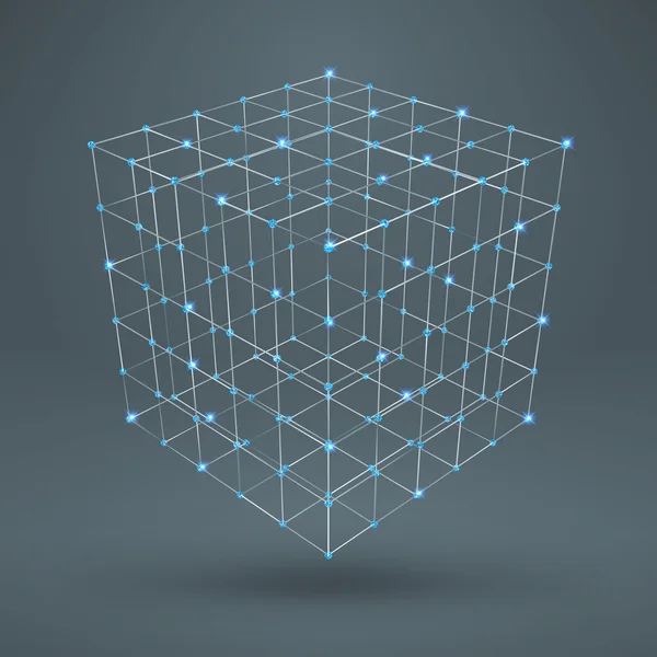 Wireframe polygonal element. 3D cube with lines and dots — Stock Vector ...