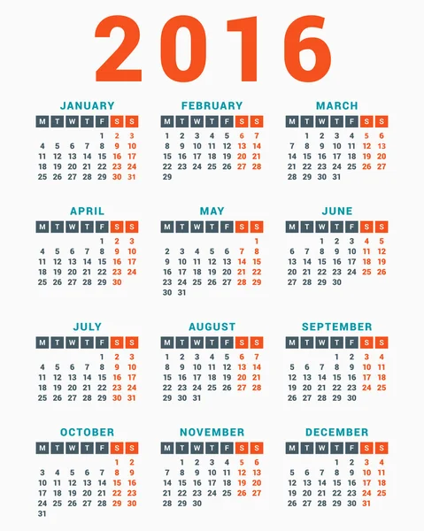 Calendário para 2016 em fundo branco. A semana começa no domingo ...