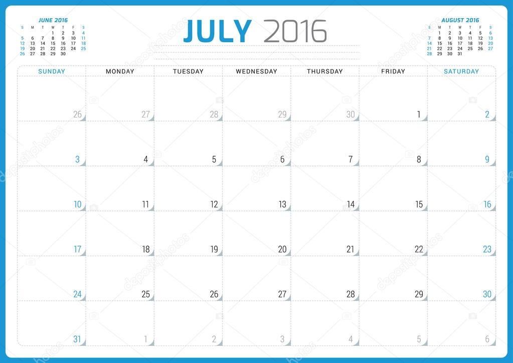 Calendar Planner 2016. Templat desain vektor. Juli. Minggu Dimulai ...