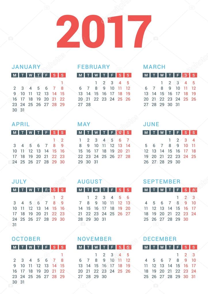 Calendar for 2017 Year on White Background. Week Starts Monday. Vector ...