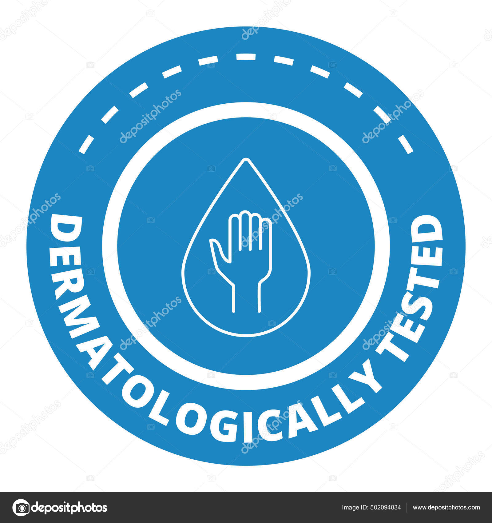 Dermatologically tested vector label with water drop, leaf and hand ...