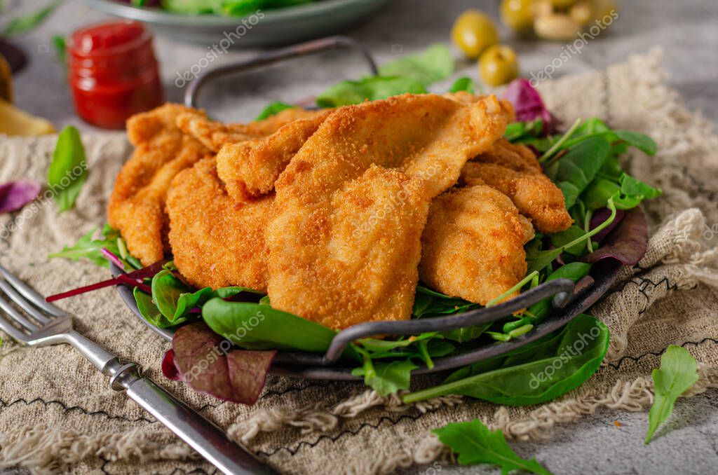 Delicioso chnitzel de pollo tierno con papas fritas caseras 2023