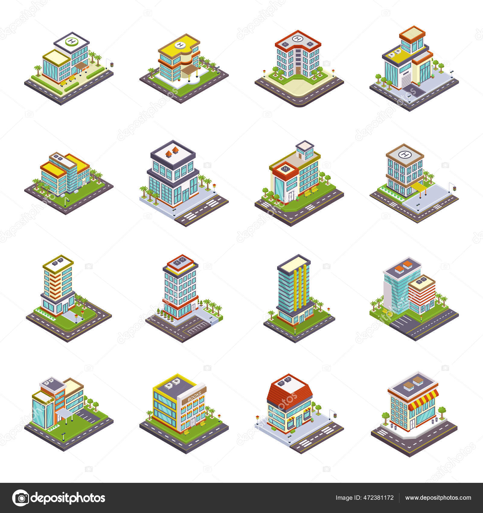 Isometric City Building Icon Set Cartoon Illustration Street Vector Icons Stock Vector by ...