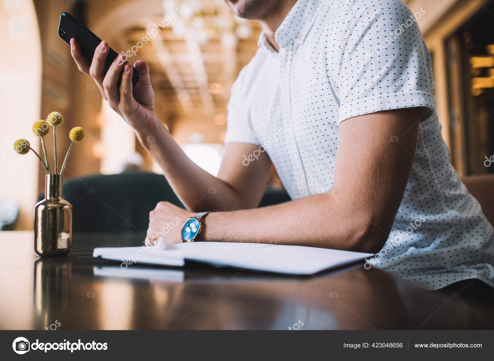 Side View Crop Male Student Casual Outfit Messaging Mobile While ...