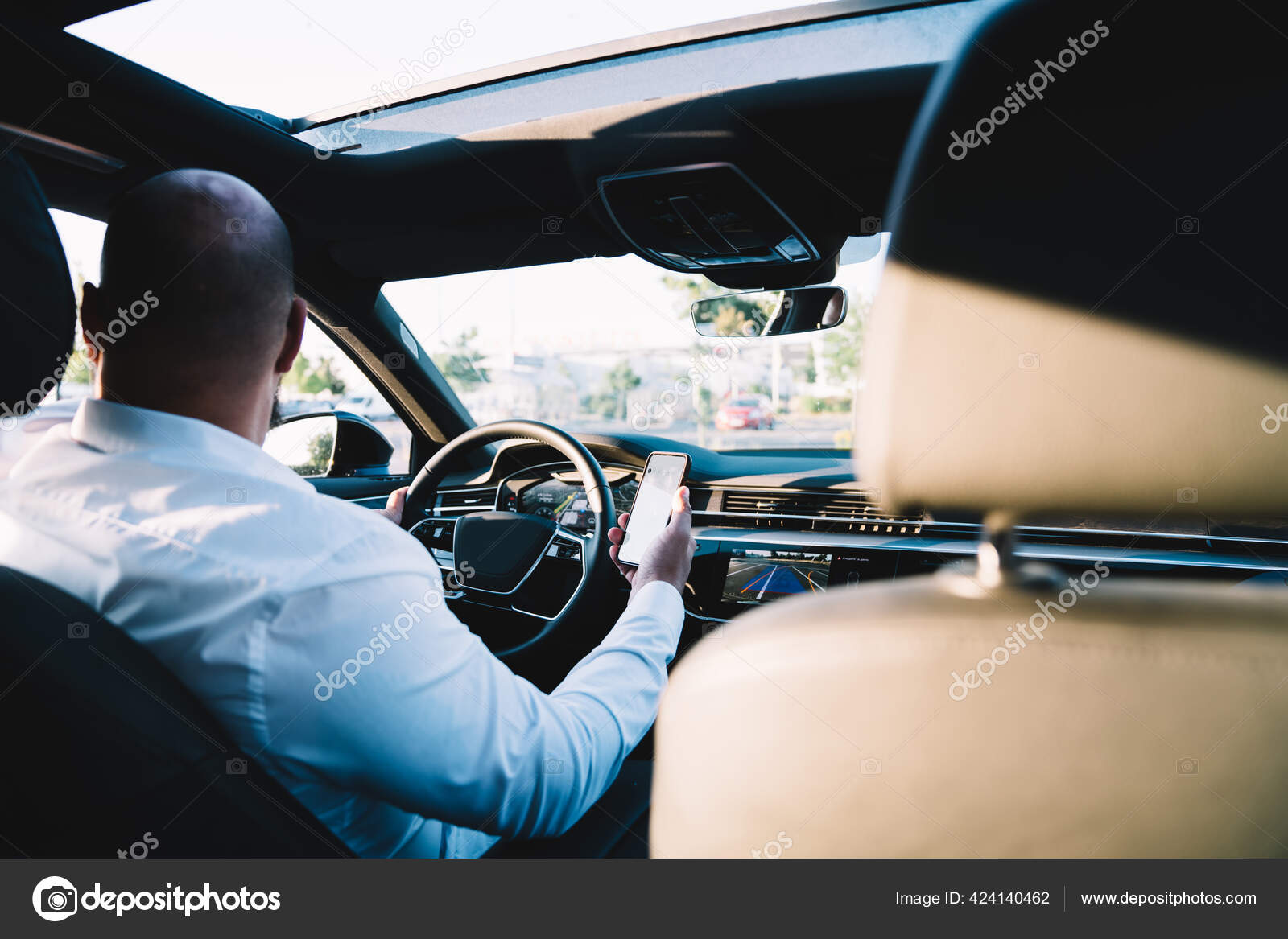 Back View Male Driver Steering Car Metropolitan Rush Hour Getting Stock ...
