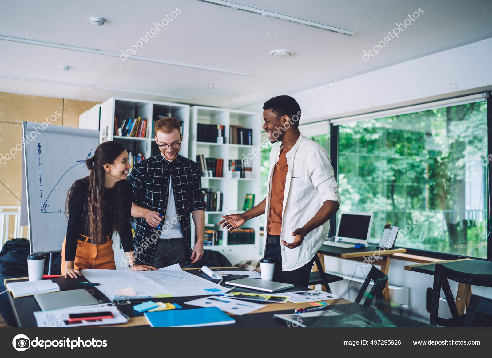 Happy Diverse Employees Talking Each Other Laughing While Standing ...