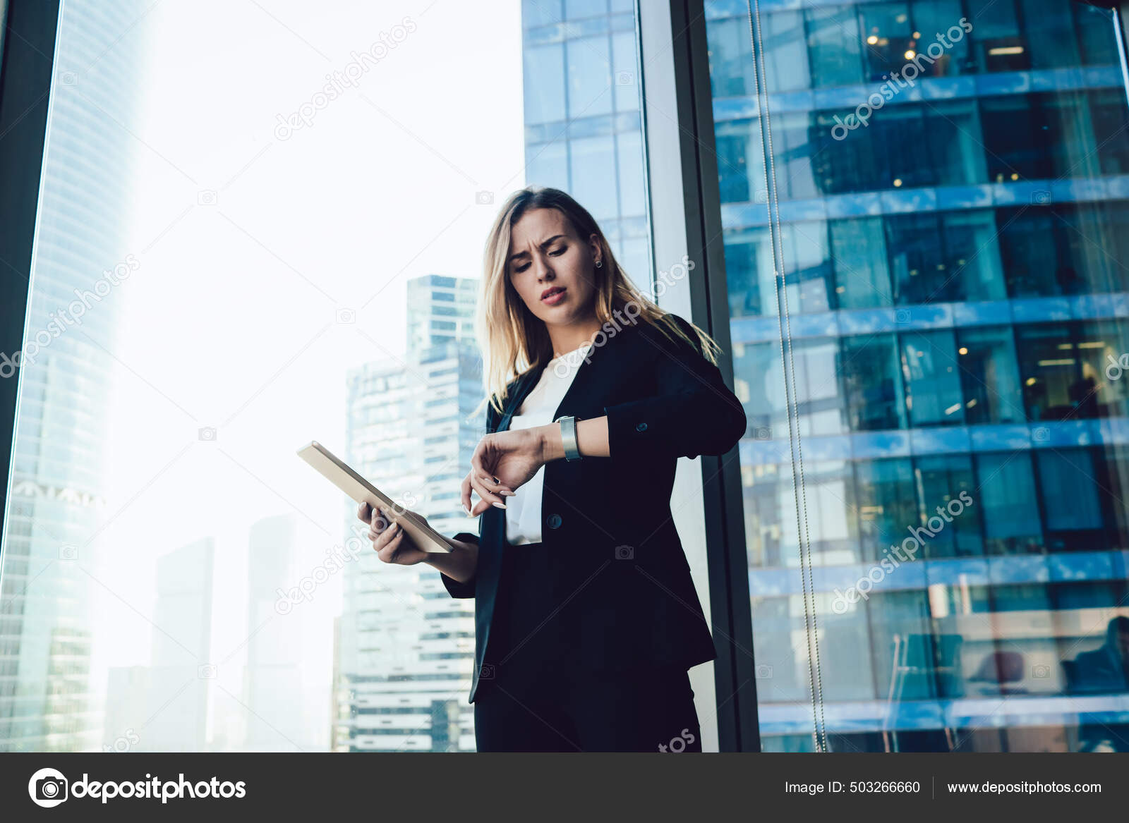 Puzzled Female Corporate Director Modern Digital Tablet Hand Standing ...