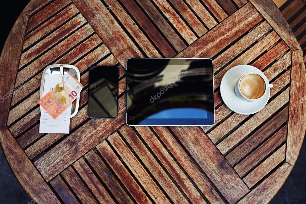 Top view mock-up with touch screen digital tablet — Stock Photo ...