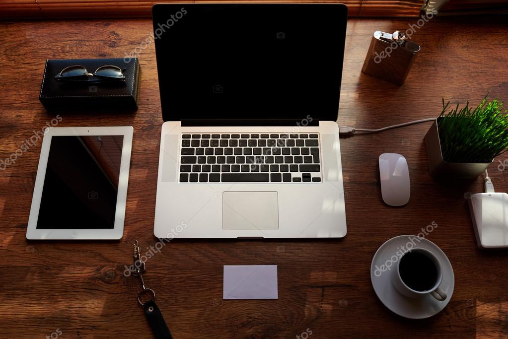 Desktop with accessories and work tools Stock Photo by ©GaudiLab 89471446