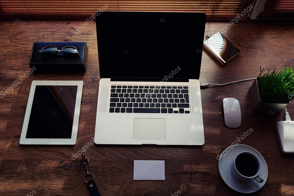Desktop with accessories and work tools Stock Photo by ©GaudiLab 89471788