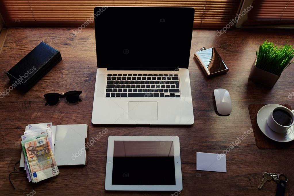 Desktop with accessories and work tools Stock Photo by ©GaudiLab 89483032