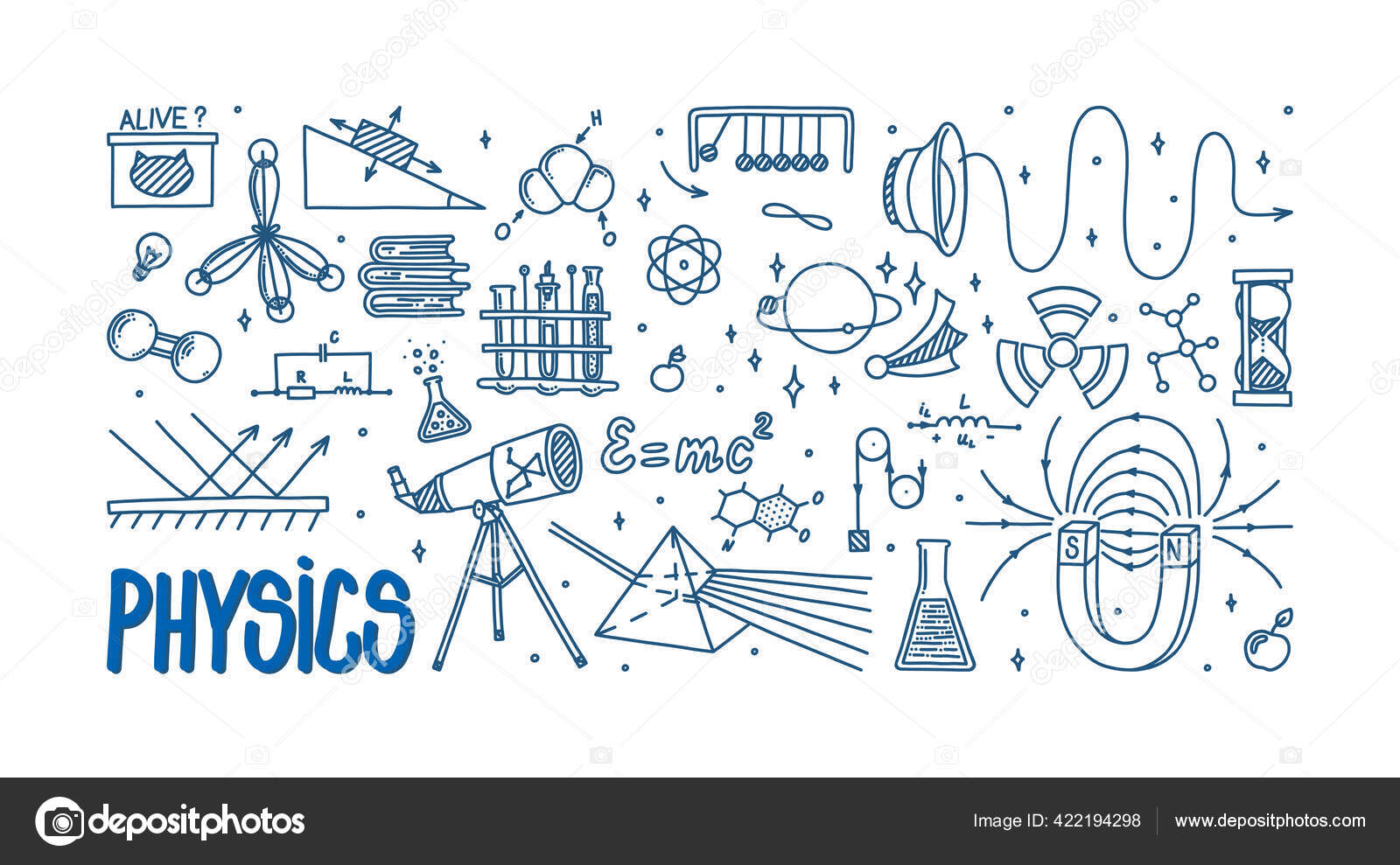 Physics doodle with magnet, prism, telescope and atom. Hand drawn ...