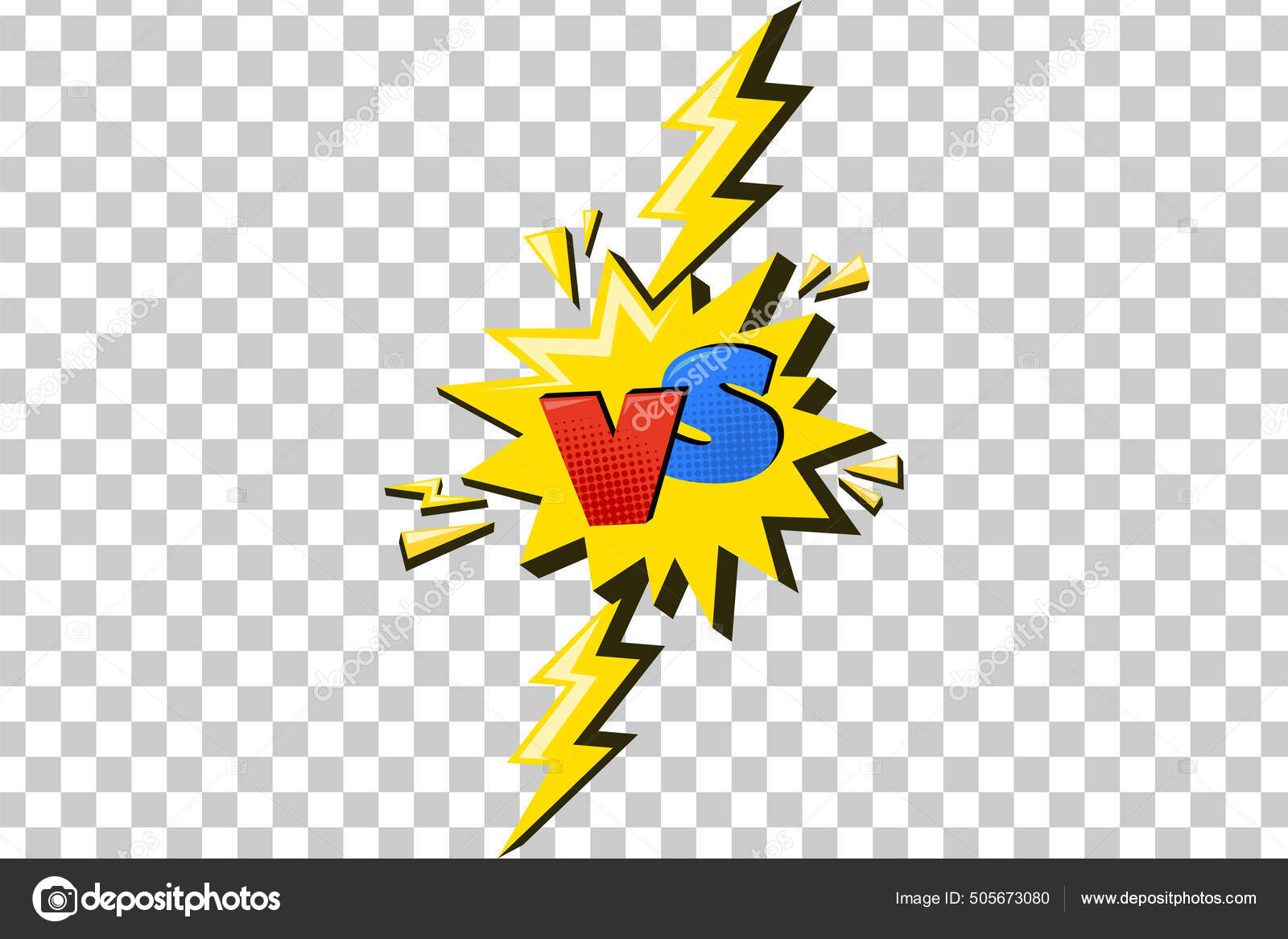 Rayo contra signo. Símbolo de desafío cómico con flash amarillo y ...