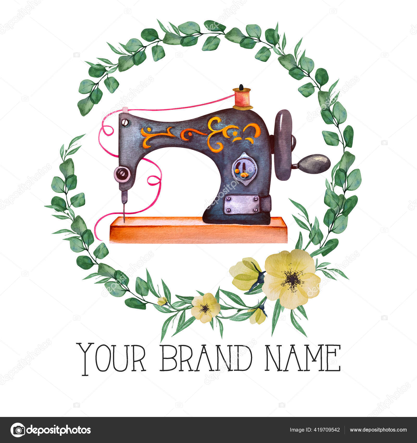 Sewing Logo Vintage Sewing Machine Floral Wreath Watercolor ...