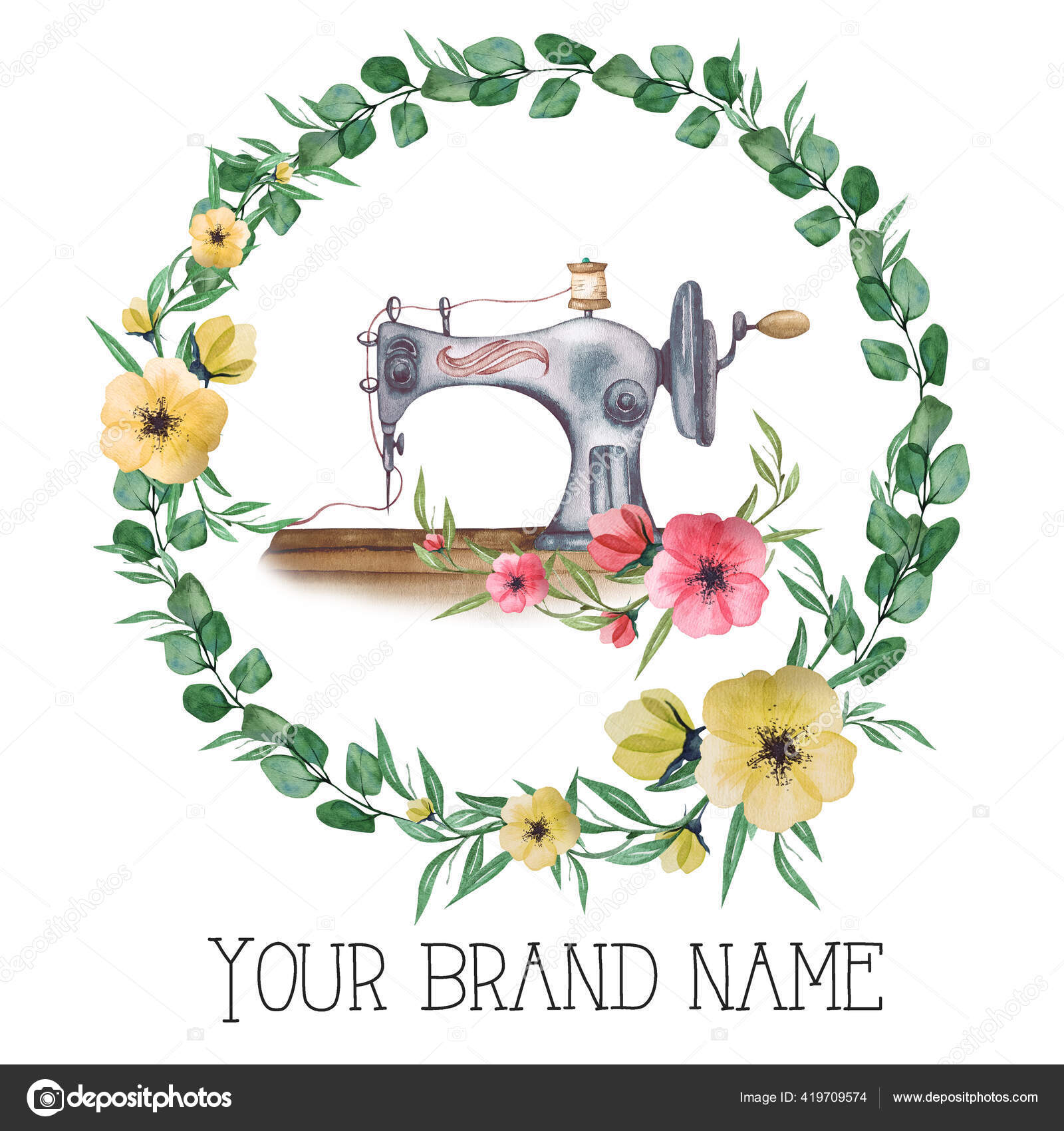 Sewing Logo Vintage Sewing Machine Floral Wreath Watercolor ...