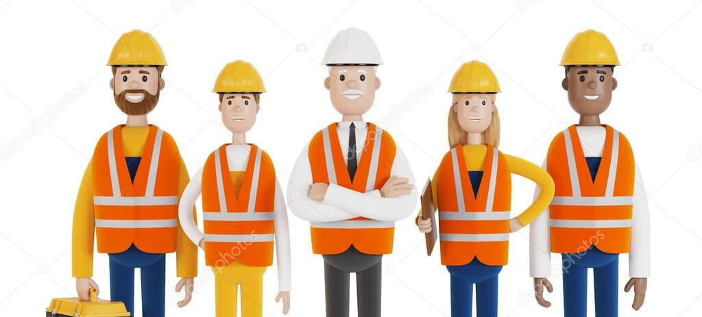 Trabajadores industriales. Un equipo de constructores con chalecos de ...