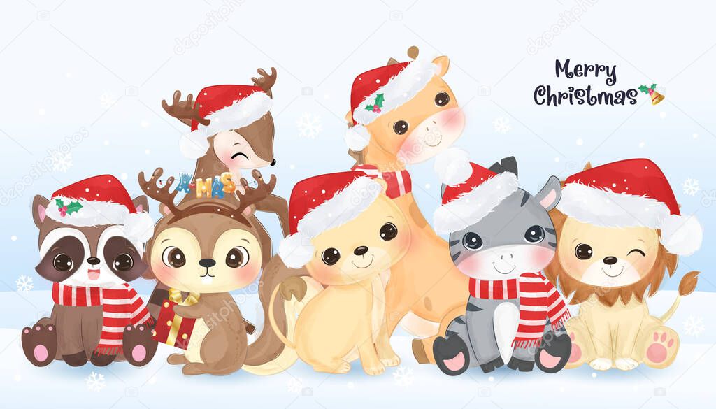 Tarjeta de felicitaci n de Navidad con animales lindos en estilo acuarela. Navidad fondo ...