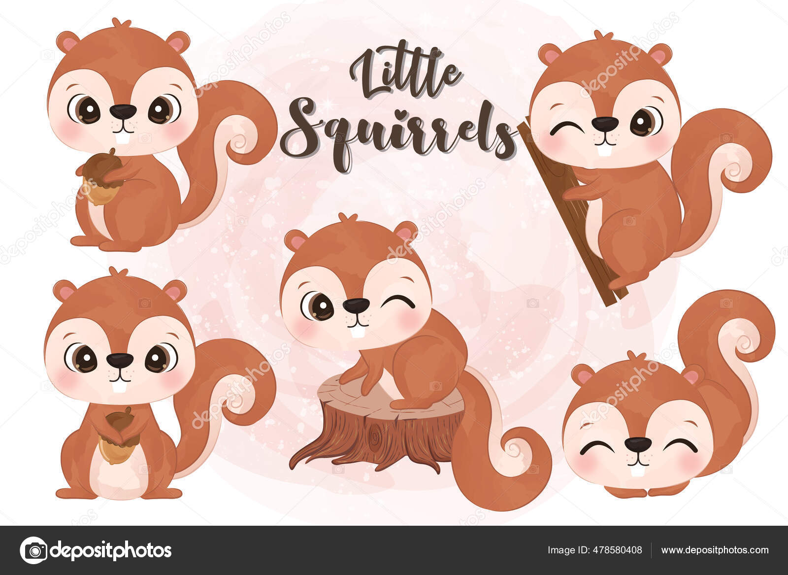 Adorable Little Squirrels Clip Art Set Watercolor Illustration 스톡 벡터 ...