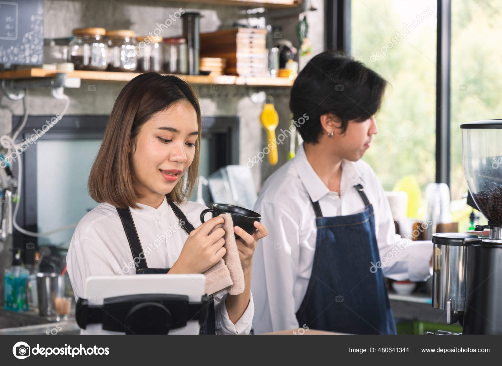 Two Asian Coffee Waitress Making Cup Hot Coffee Latte Coffee Stock