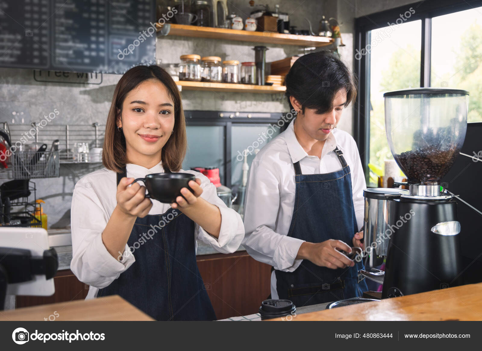 Two Asian Coffee Waitress Making Cup Hot Coffee Latte Coffee Stock