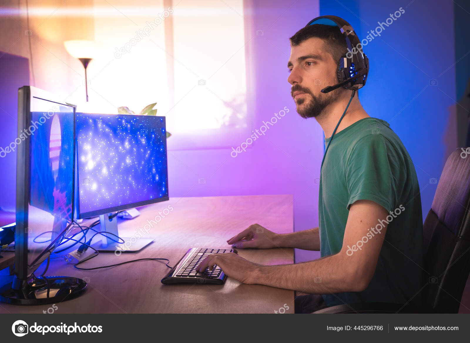 Professional Gamer Playing Video Game His Personal Computer Room Lit ...