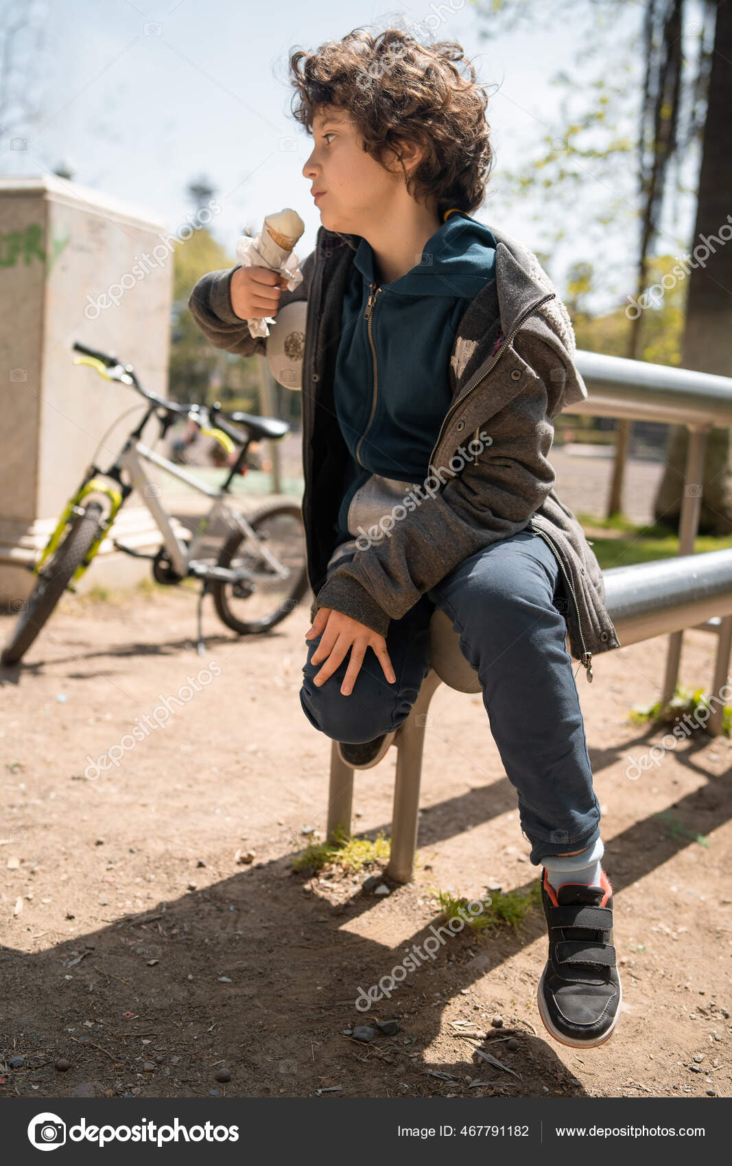 Thoughtful Boy Eating Ice Cream Sitting Outdoor Alone Park — Stock ...