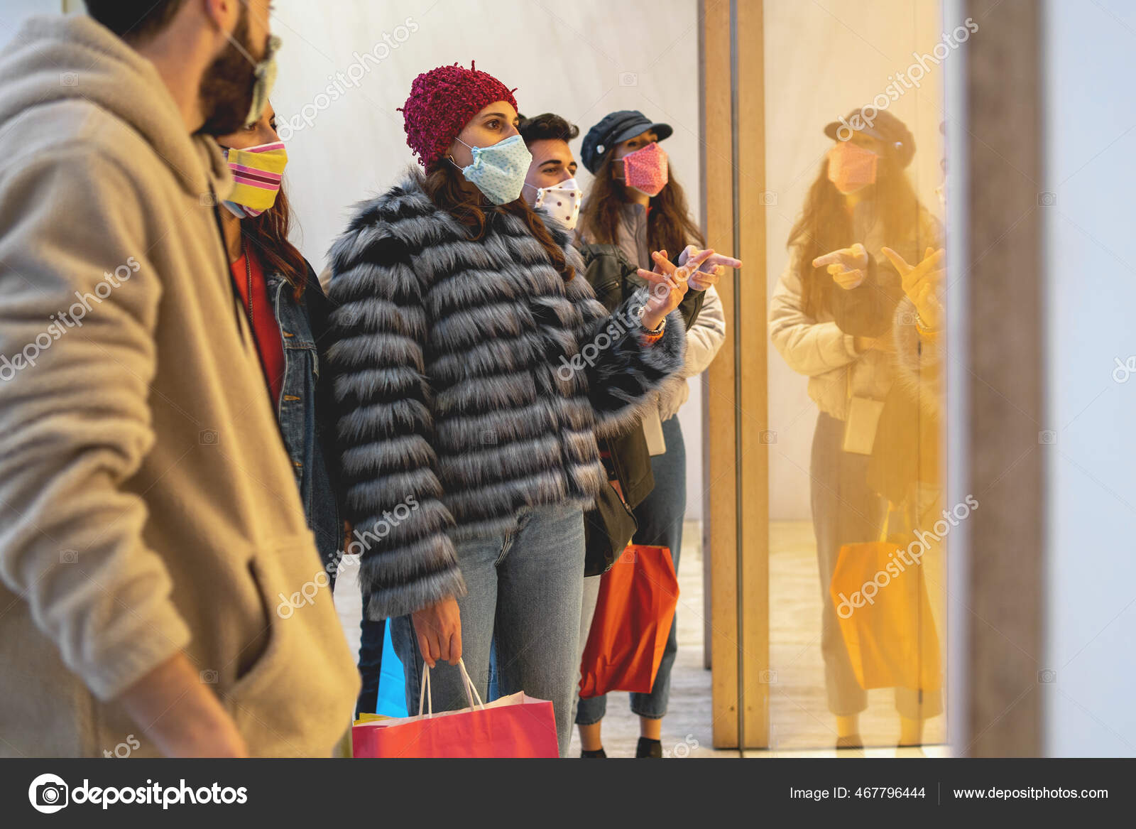 Group Young People Going Shopping Mall Watching Window Holding Paper ...