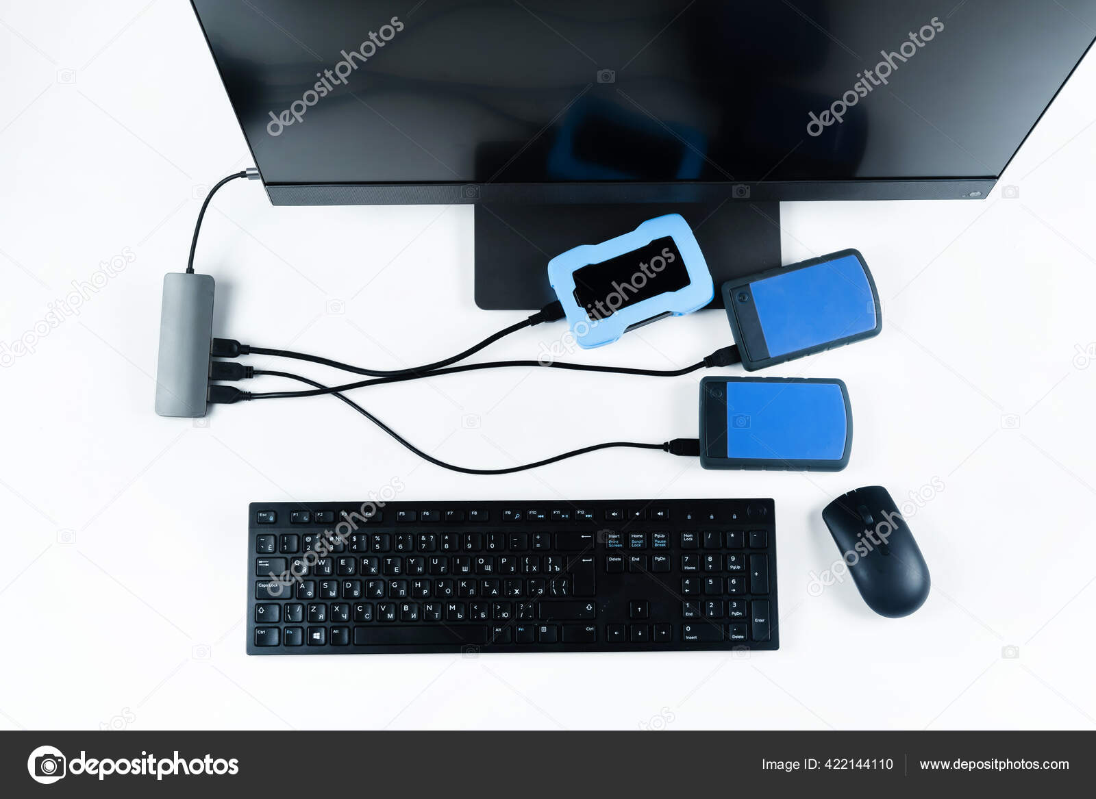 Multiple External Hard Drives Connected Monoblock White Background ...