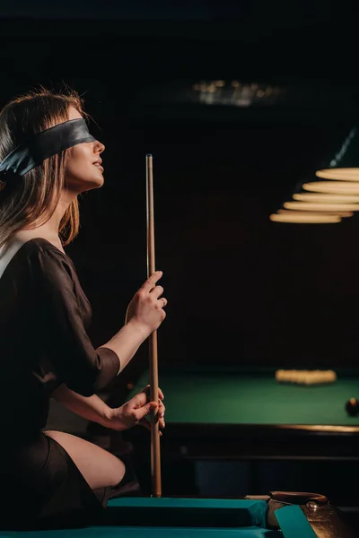 Girl Blindfold Cue Her Hands Billiard Club Russian Billiards Stock Photo by ©Lobachad 473060120