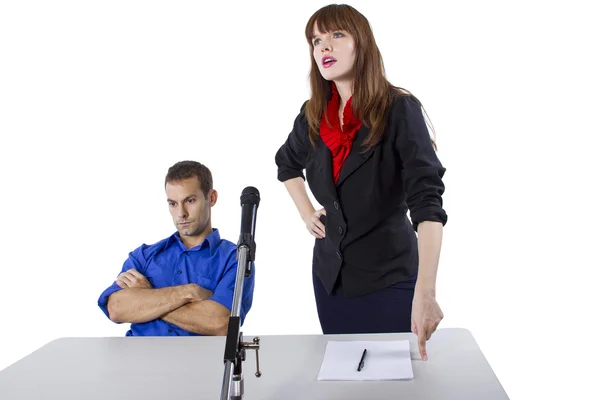Female lawyer representing male client in a court hearing Stock Photo ...