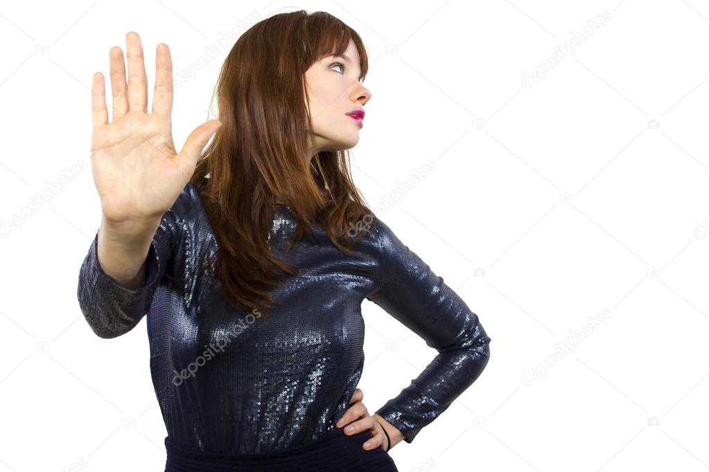 Woman refusing or saying no with hand gesture Stock Photo by ...