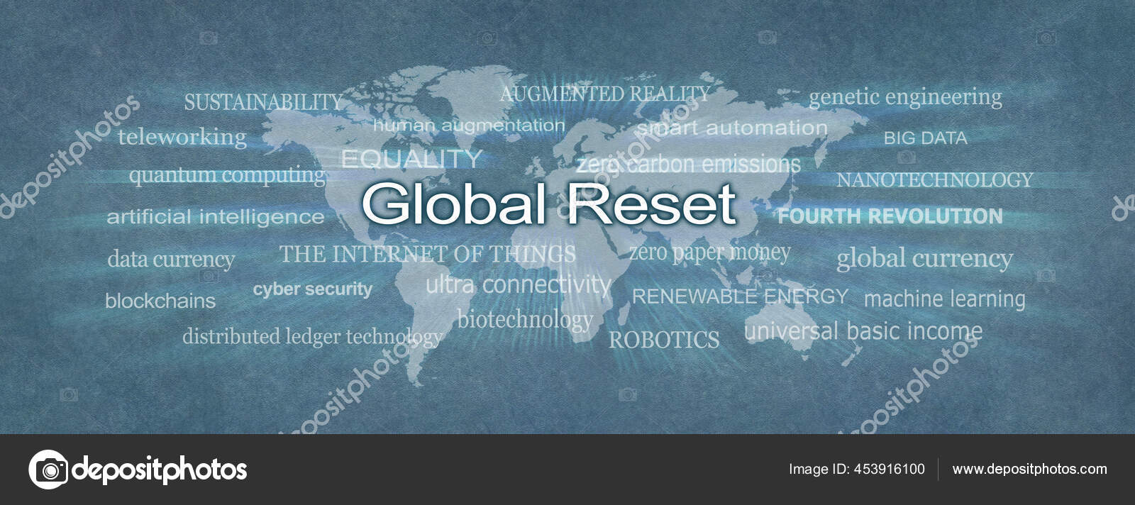 Words Associated Global Reset Rustic Mono Blue Flat Map Planet — Stock Photo © Healing63 #453916100