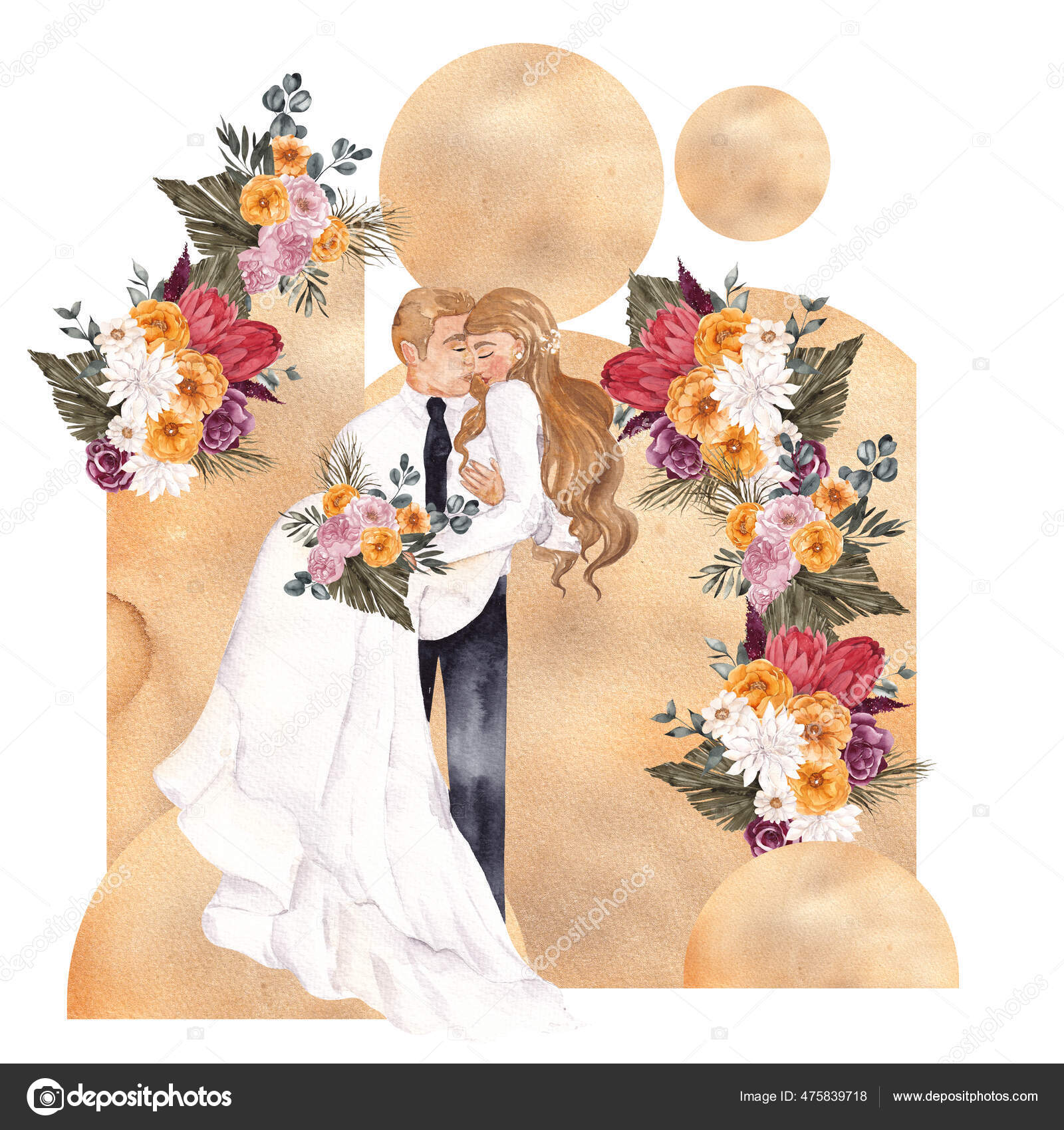 Watercolor Wedding Illustration Pretty Married Floral Composition ...