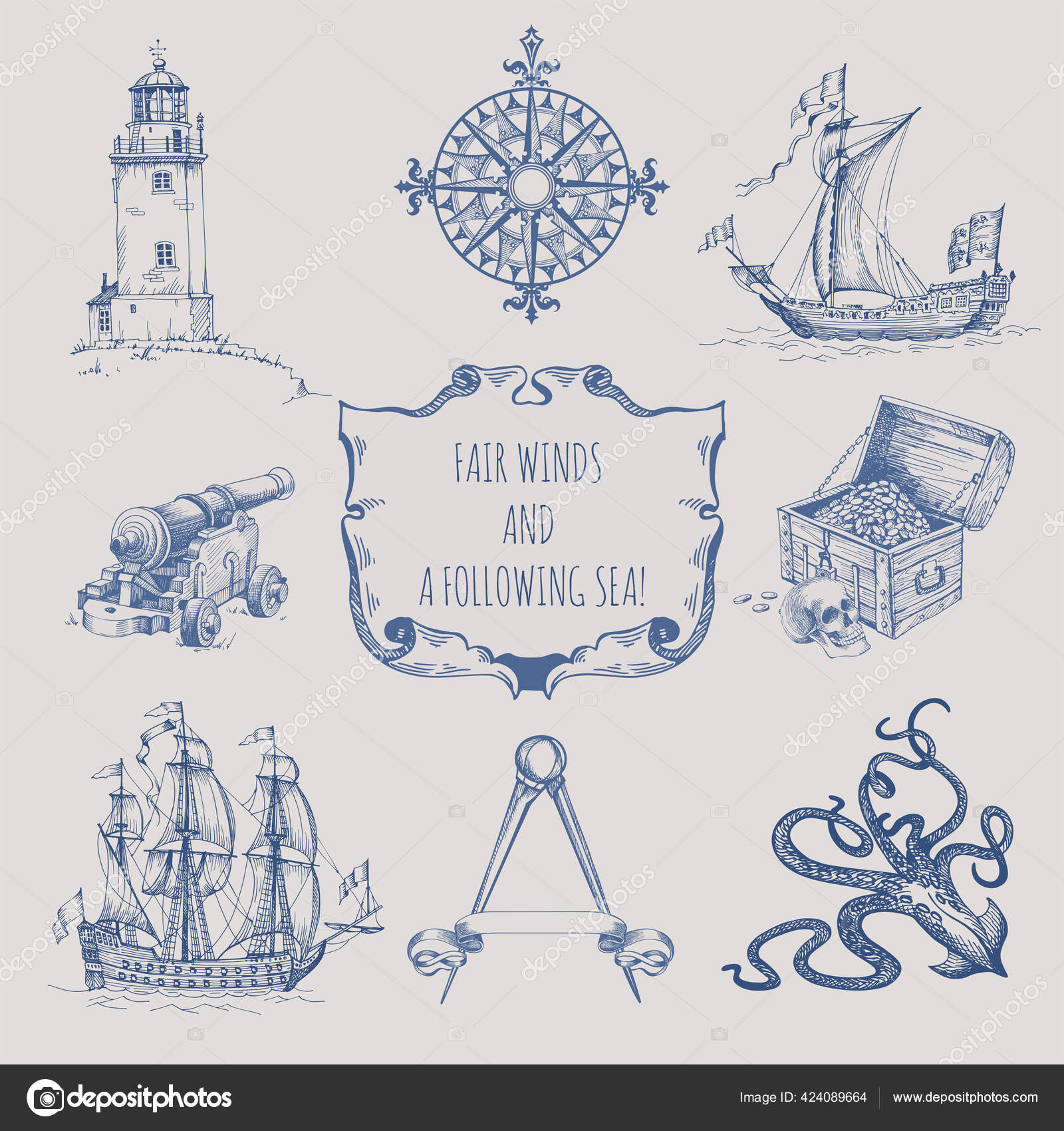 Set Decorative Elements Design Old Geographical Map Sea Monsters ...