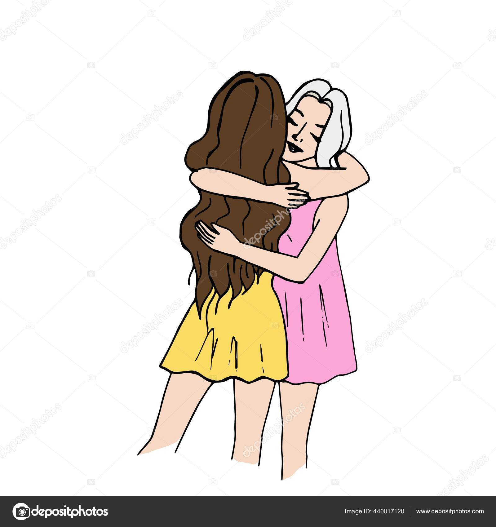 Two Sisters Hugging Cartoon