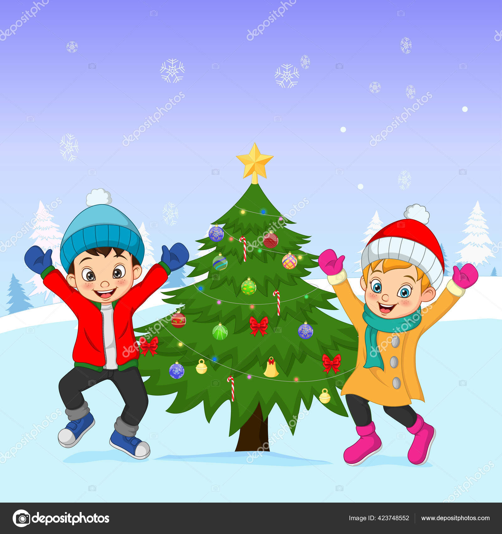 Vector Illustration Happy Kids Playing Christmas Tree Stock Vector ...