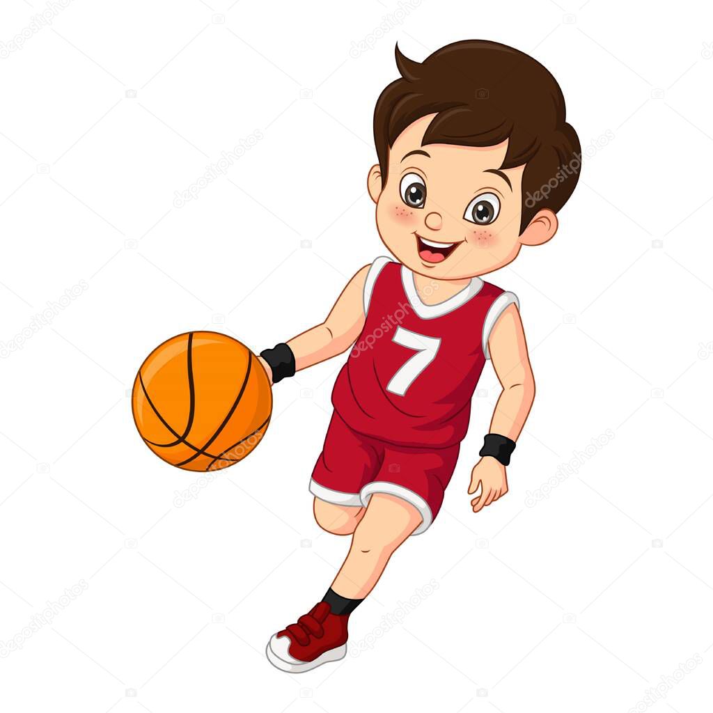 Ilustración vectorial de dibujos animados lindo niño jugando baloncesto ...