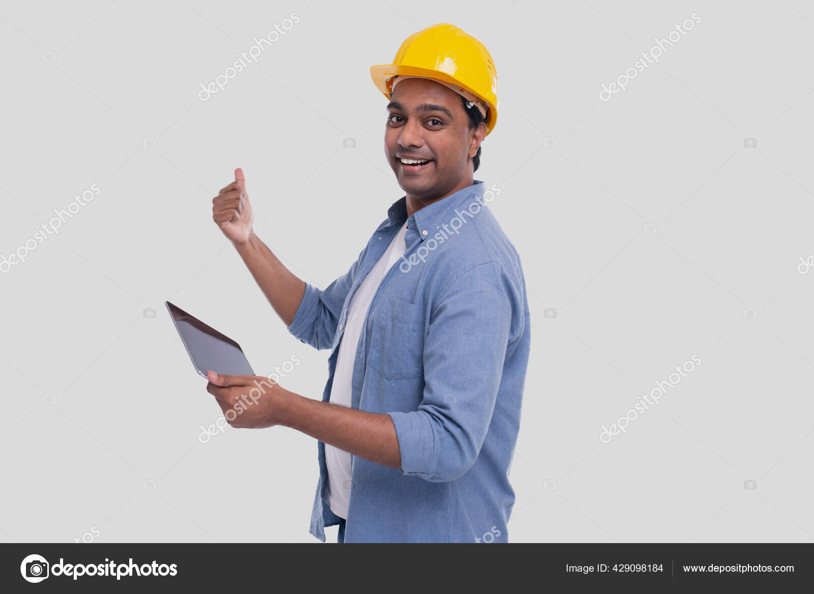 Construction Worker Holding Tablet Hands Showing Back Man Using Tablet ...