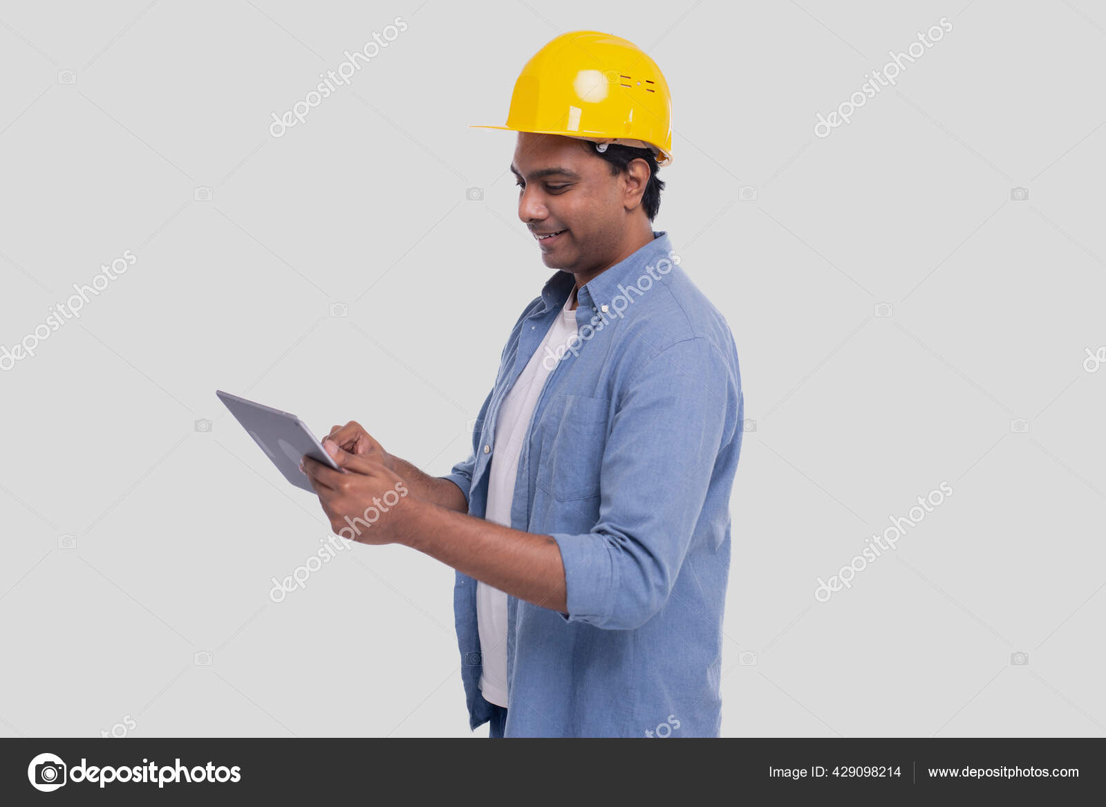 Construction Worker Holding Tablet Hands Man Using Tablet Architect ...