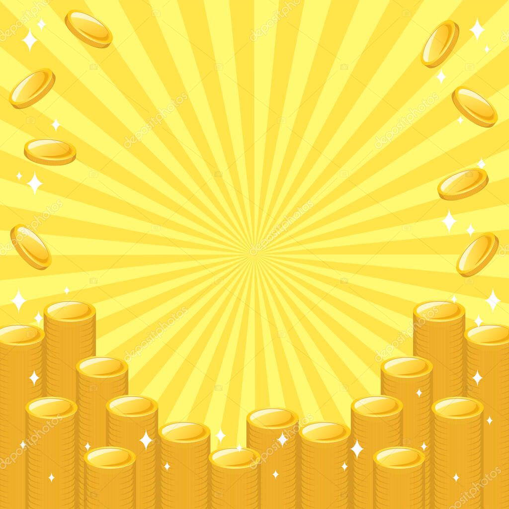 Fondo del marco de un montón de monedas de oro apiladas y brillando ...