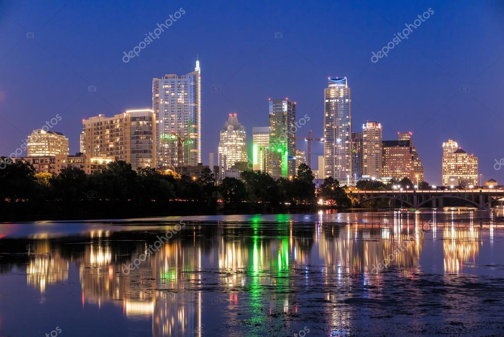 Beautiful Austin skyline reflection at twilight — Stock Photo ...