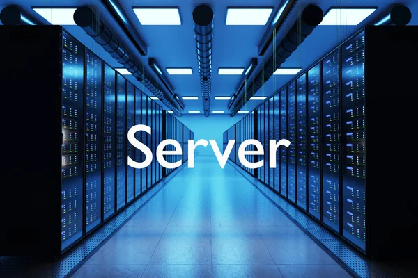 server logo in large modern data center multiple rows of server racks ...