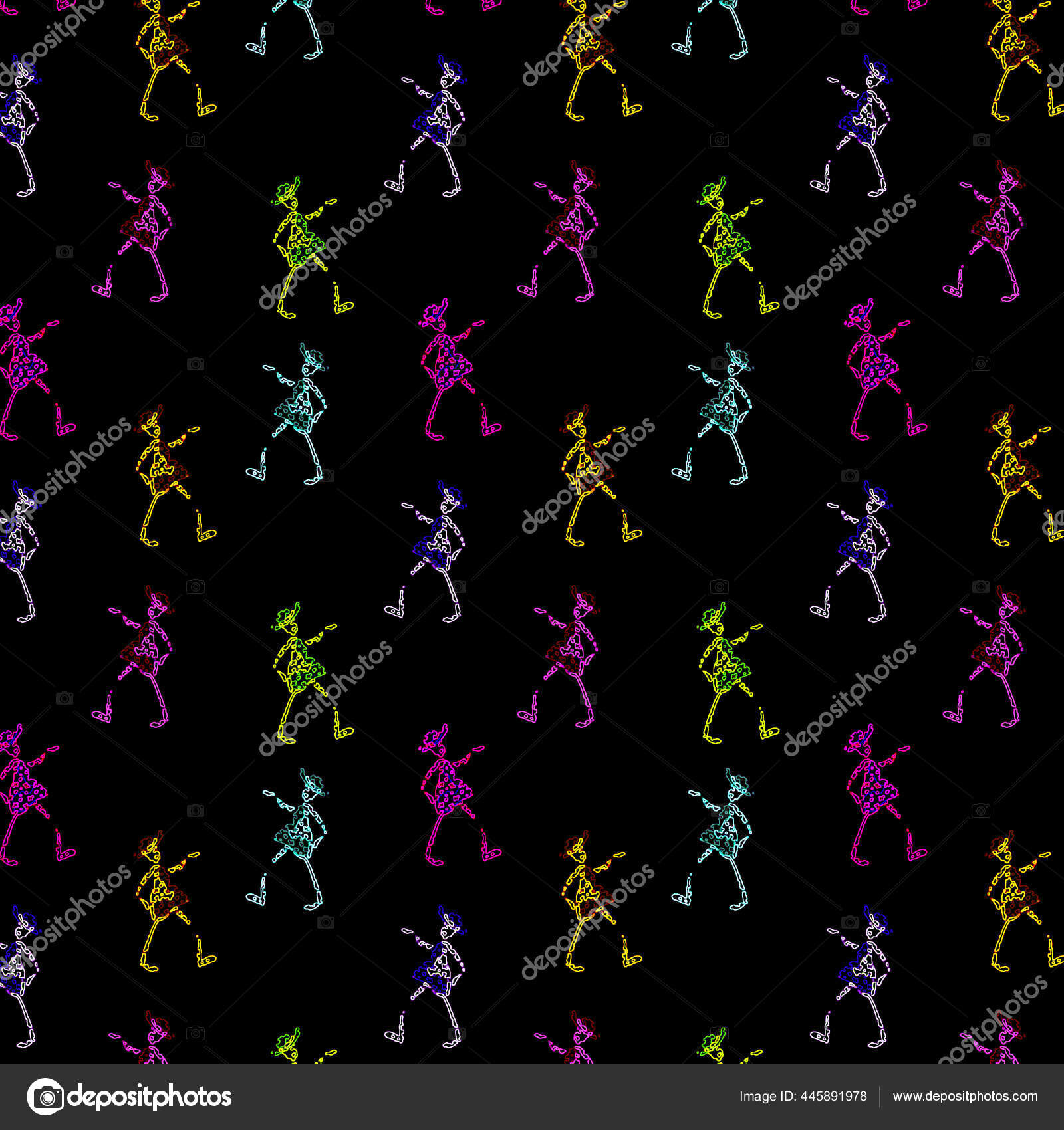 Seamless Pattern Neon Dancing Men Black Background Bright Illustration ...